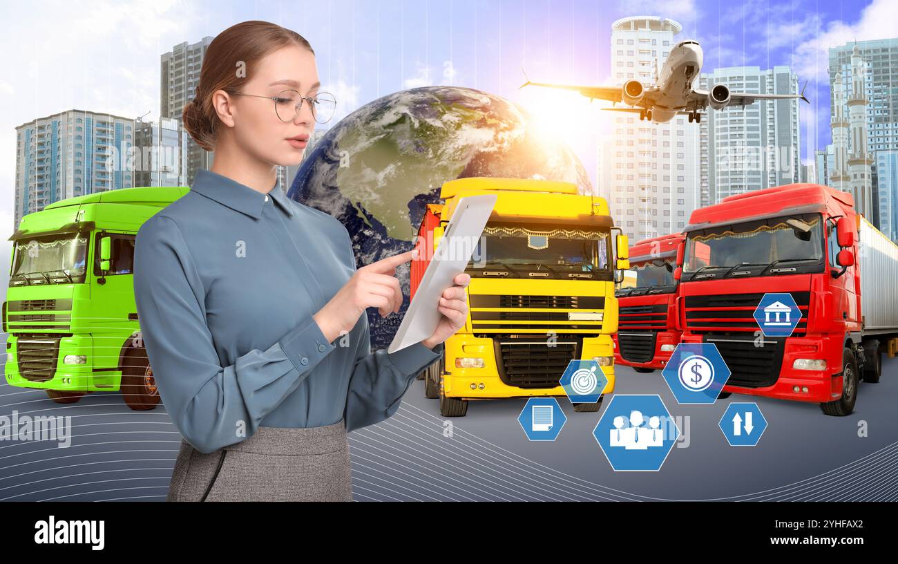 Distribution business. Manager with tablet, transport, buildings and ...