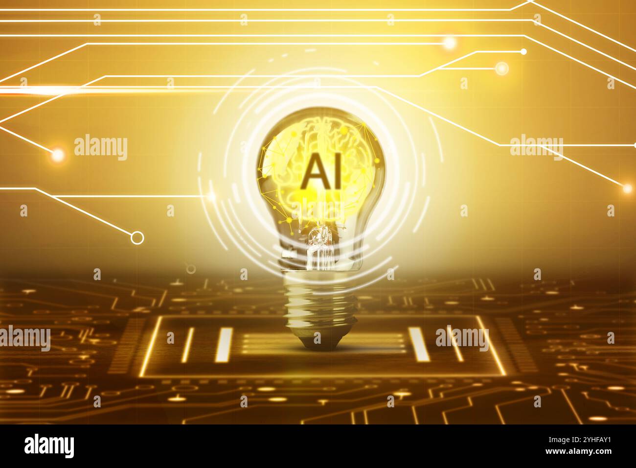 Ai abbreviation and illustration of brain in light bulb against golden ...