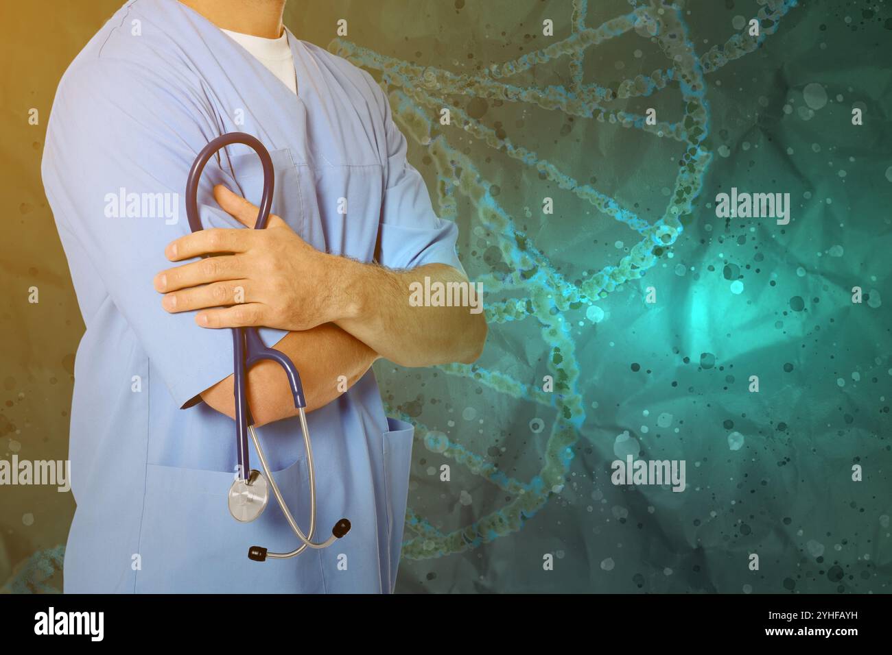 Doctor with stethoscope and illustration of DNA on color background ...