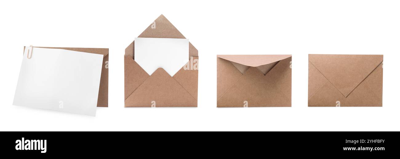 Kraft paper envelopes and blank letter isolated on white, collage Stock ...
