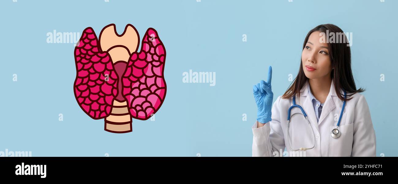 Asian female endocrinologist and drawn thyroid gland on light blue ...