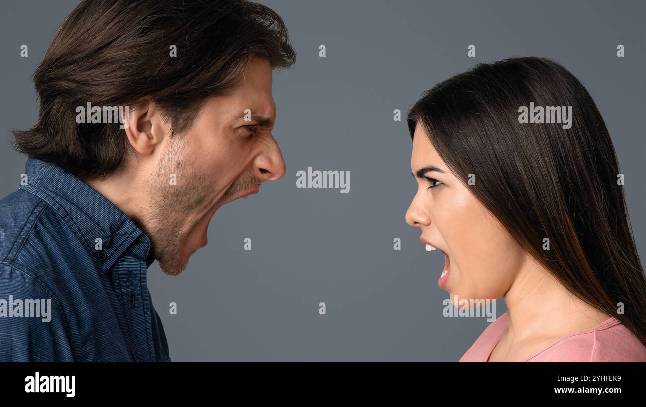 Relationship Crisis. Angry Couple Screaming At Each Other Over Light ...