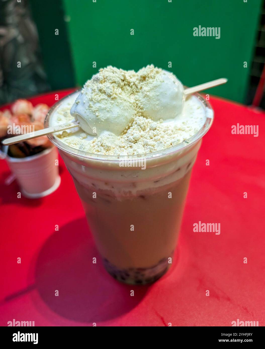 Vertical photo shows Chinese soy bubble tea with sticky rice ball on ...