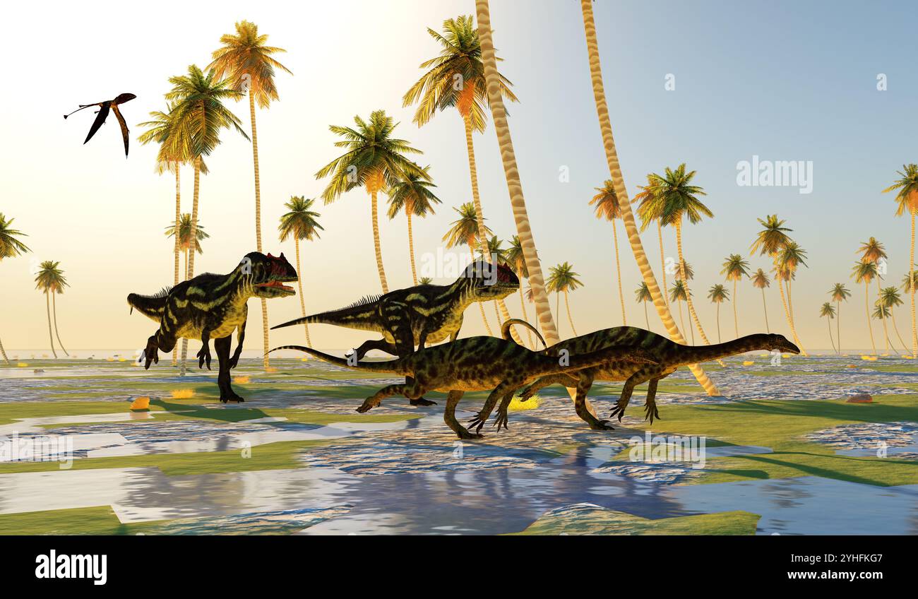 A Dimorphodon Pterosaur watches as Allosaurus dinosaurs run after ...