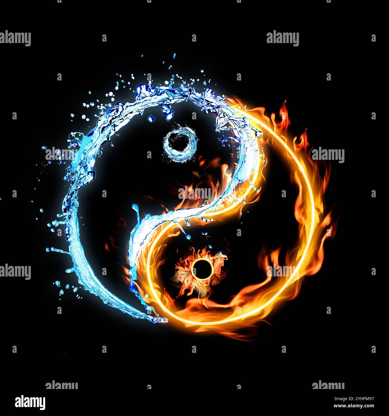Yin and yang symbol made of fire and water on black background Stock ...