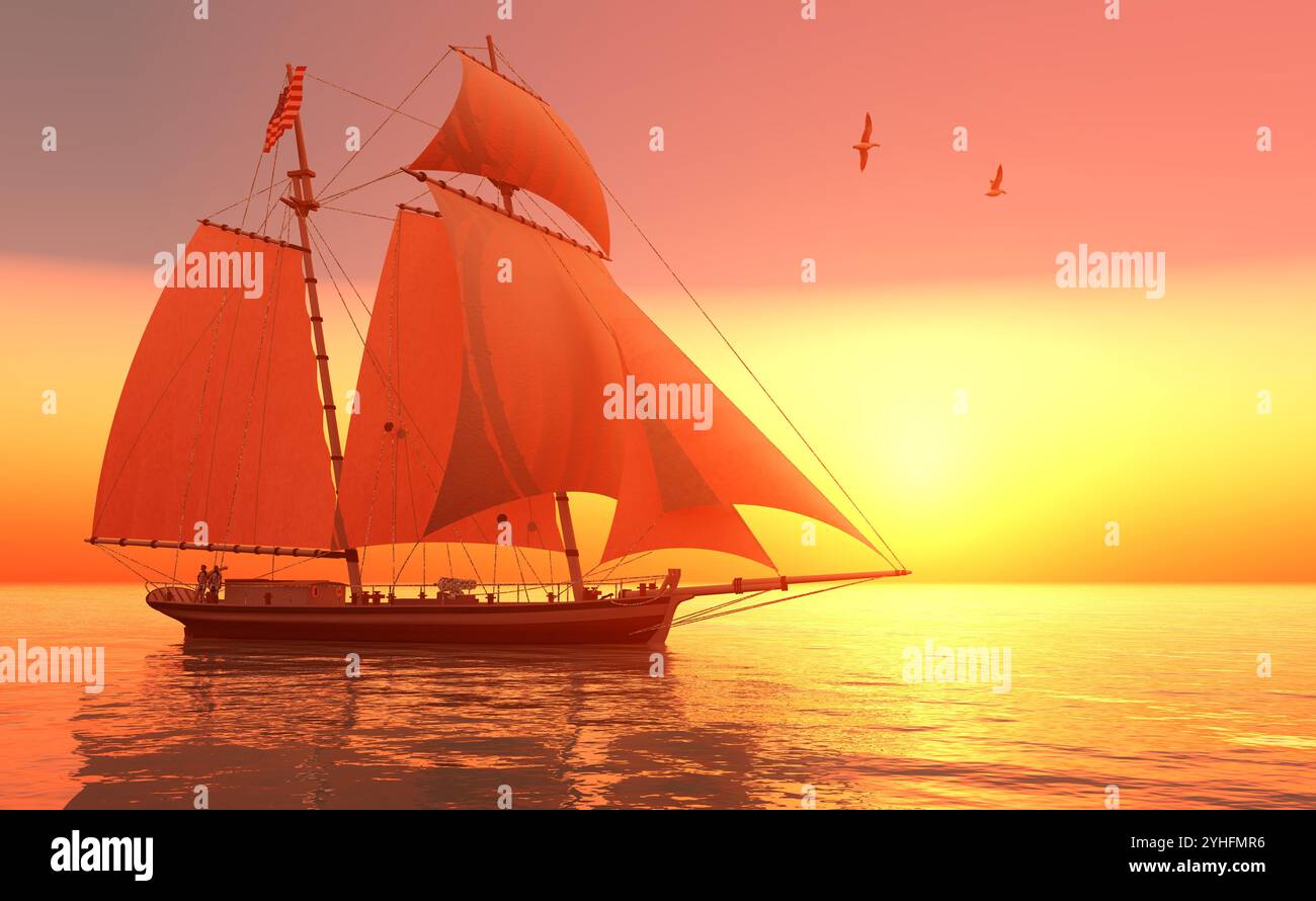 Ocean Cutter with Sails - Two Seagulls fly near an ocean sailing ship ...