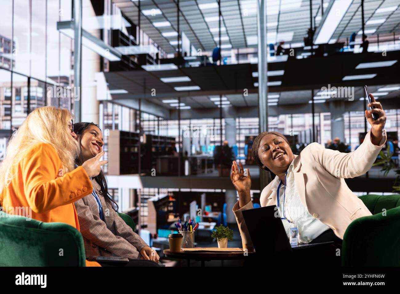 Goals oriented confident leaders take pictures together having fun ...