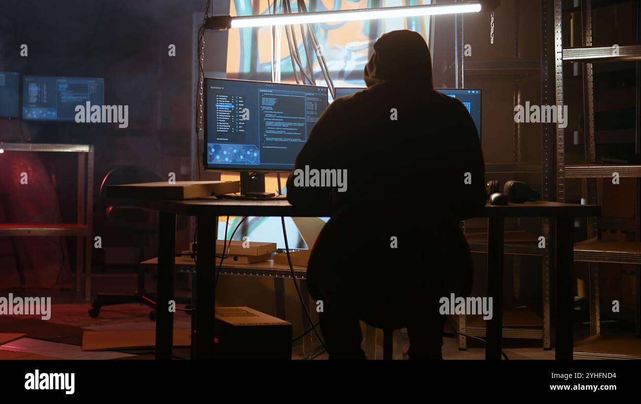 Hacker Arrives In Messy Base Of Operations With Neon Lights And Graffiti Drawings Sprayed On