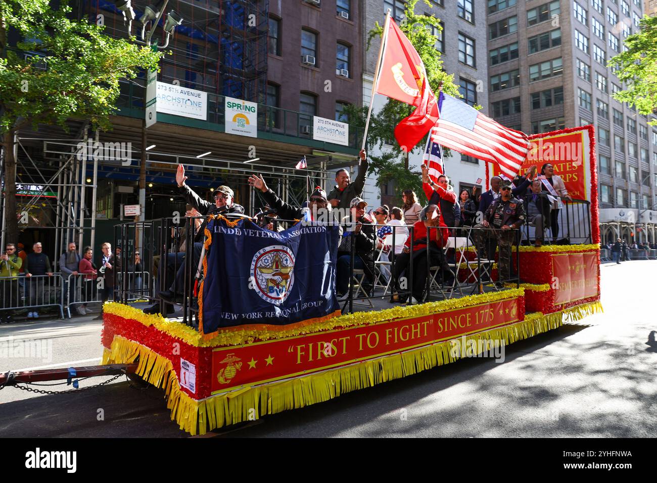A float carrying members of USMC heads up 5th Avenue in the 2024 NYC ...
