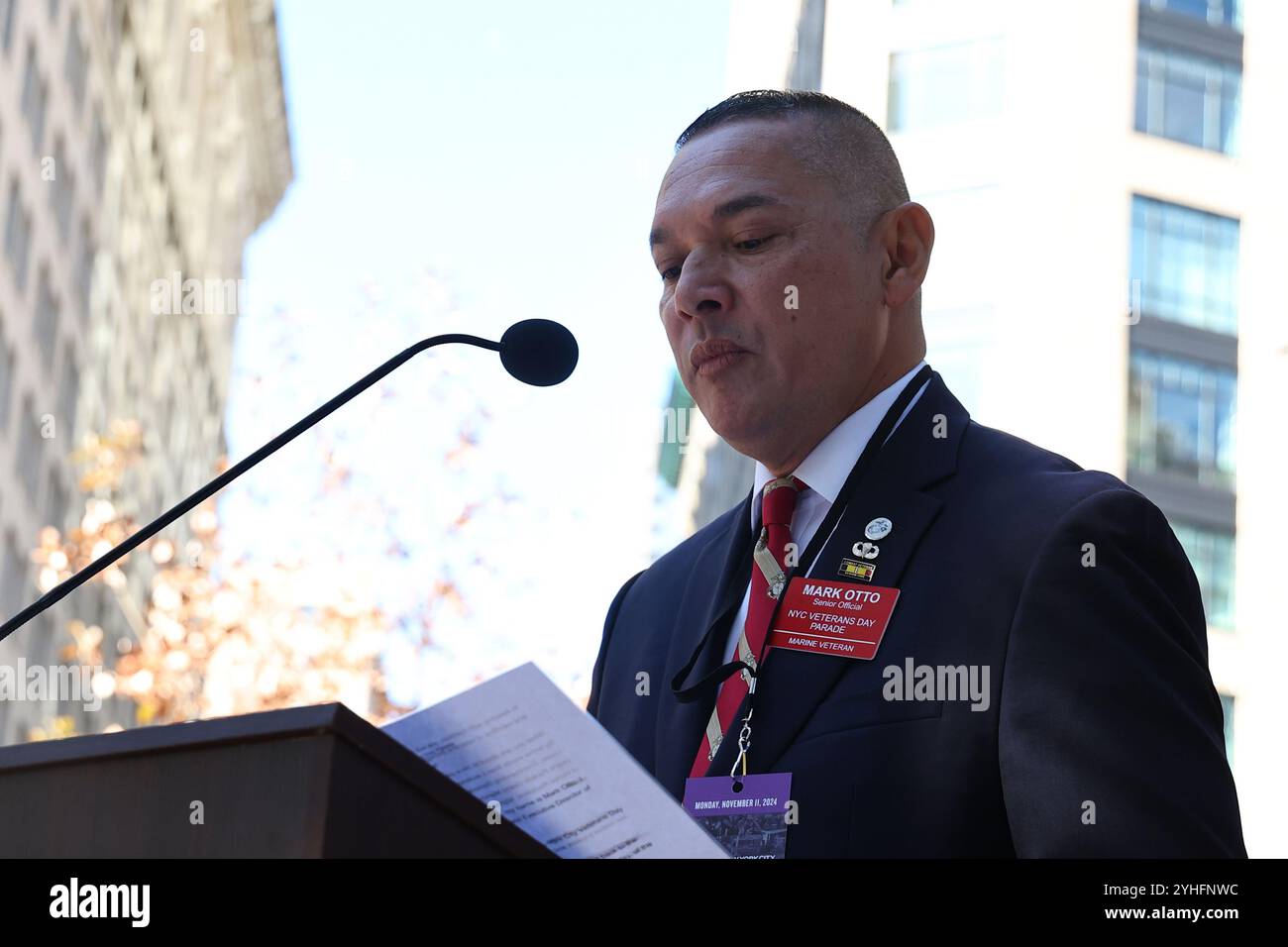 Senior Official of NYC Veterans Day Parade Mark Otto leads a ceremony ...