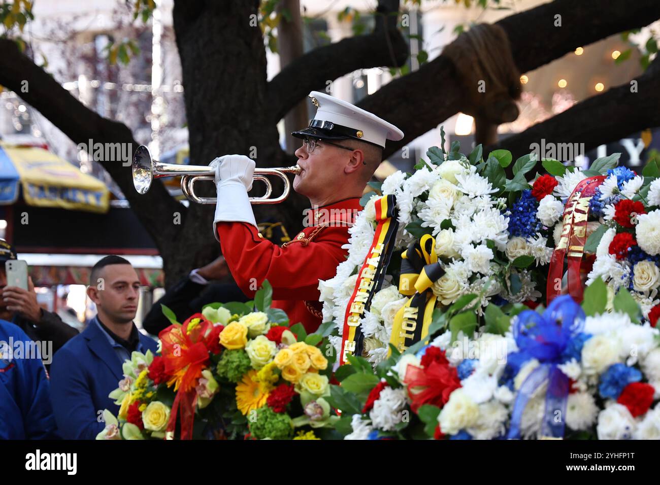 A member of the USMC performs during a ceremony at the Veterans Day ...