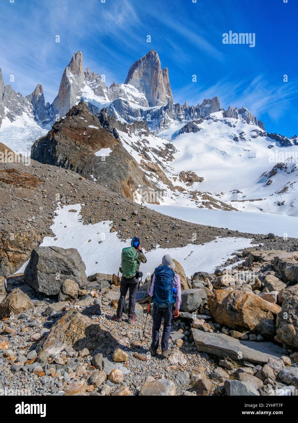 Walkers approaching Mount Fitzroy or El Chalten and the Lago de Los ...