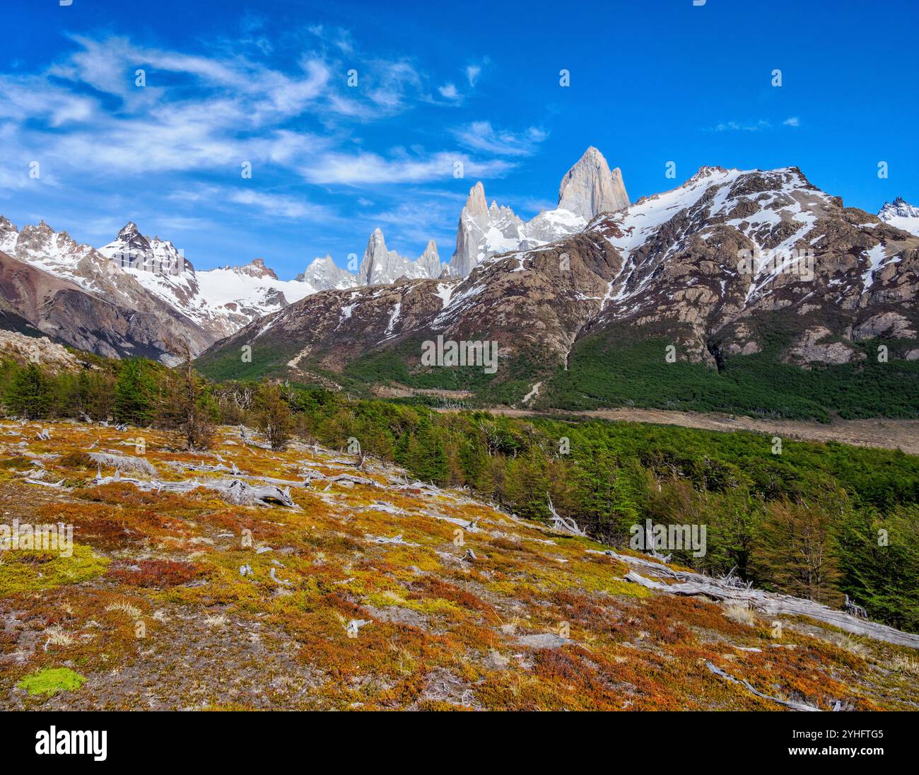 The jagged peaks of the Fitzroy Range from the Rio Blanco valley above ...