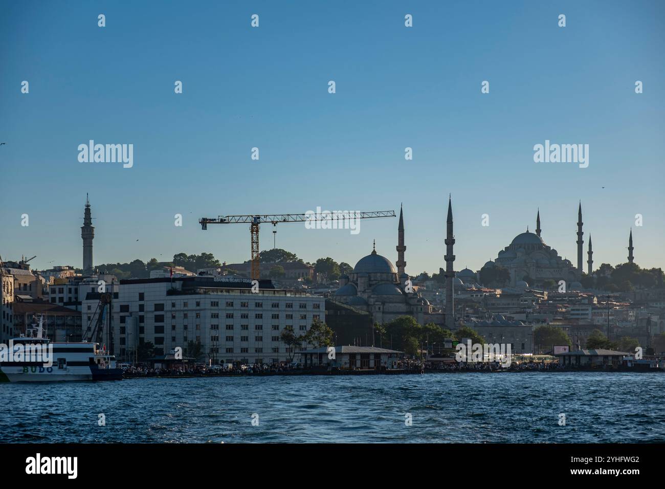 A blue sky with a crane and Suleymaniye Mosque in Istanbul,The ...