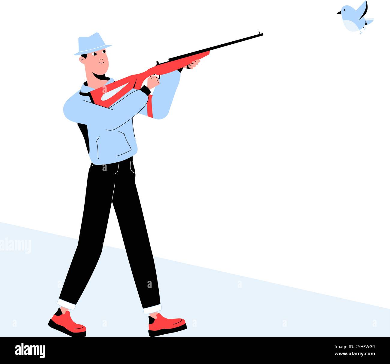 Male Hunter Aiming Shotgun At Flying Bird In Flat Vector Illustration ...