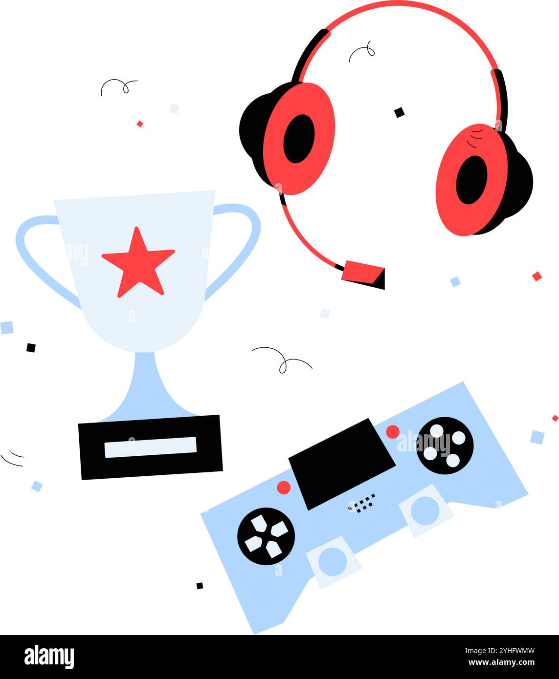 Gaming Controller, Headset, And Trophy In Flat Vector Illustration ...
