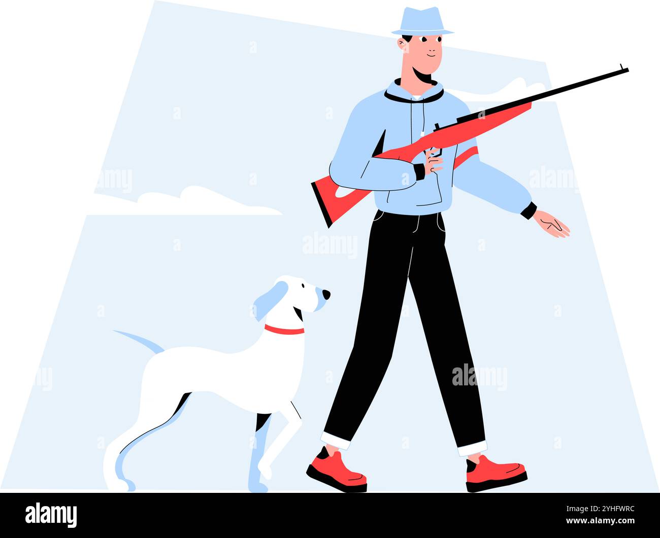 Male Hunter Walking With Dog And Shotgun In Flat Vector Illustration ...