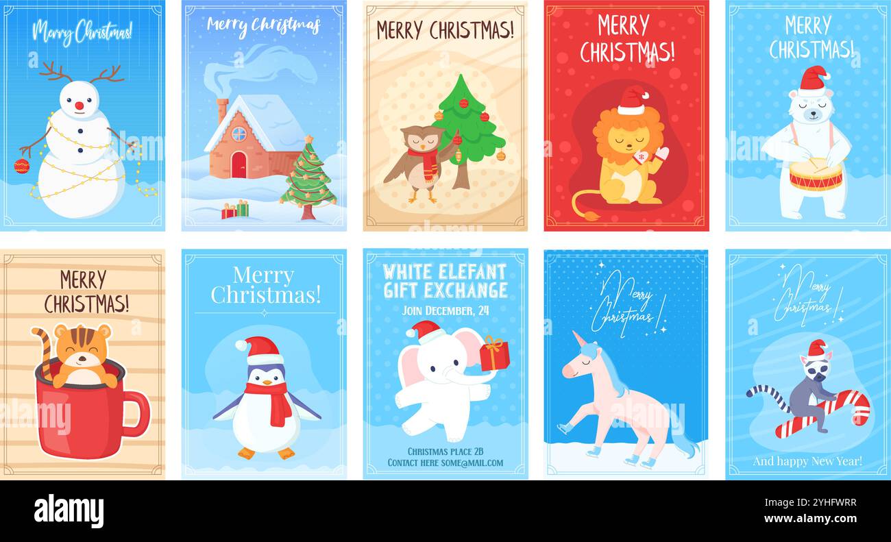 Set of Cute Christmas Cards with Festive Animals and Characters Stock ...