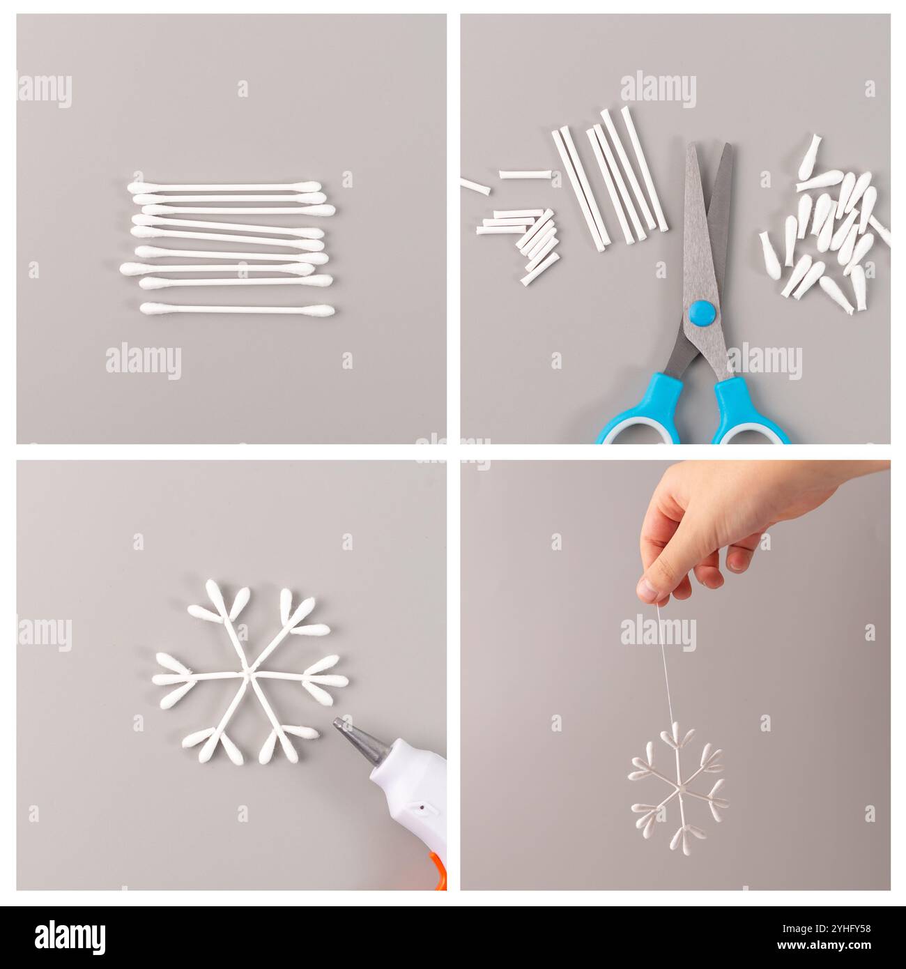 Step-by-step collage of handmade snowflake ornaments crafted from ...