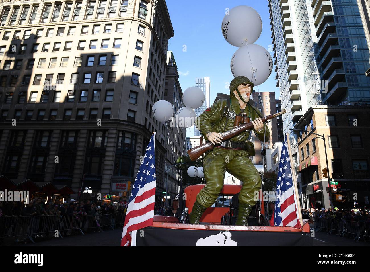 New York, USA. 11th Nov, 2024. A float with the figure of a soldier on ...