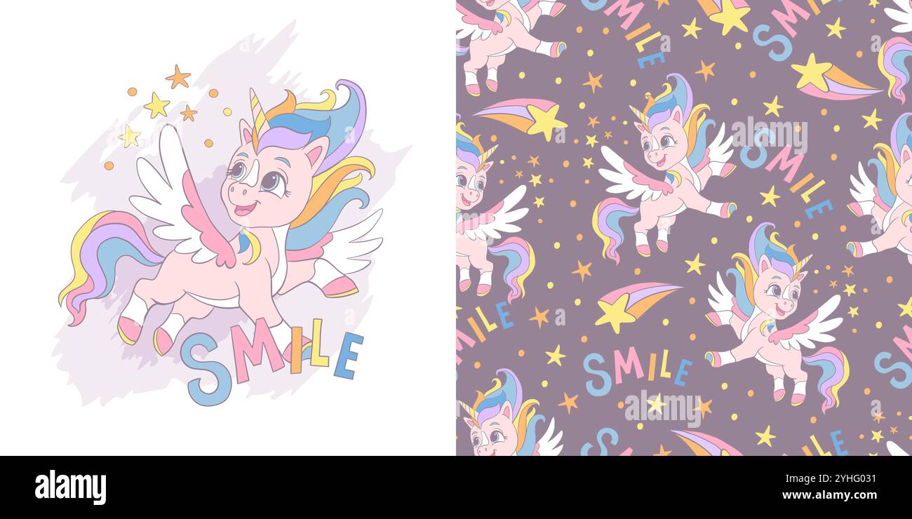 Cute happy unicorn with lettering Smile. Isolated character and ...