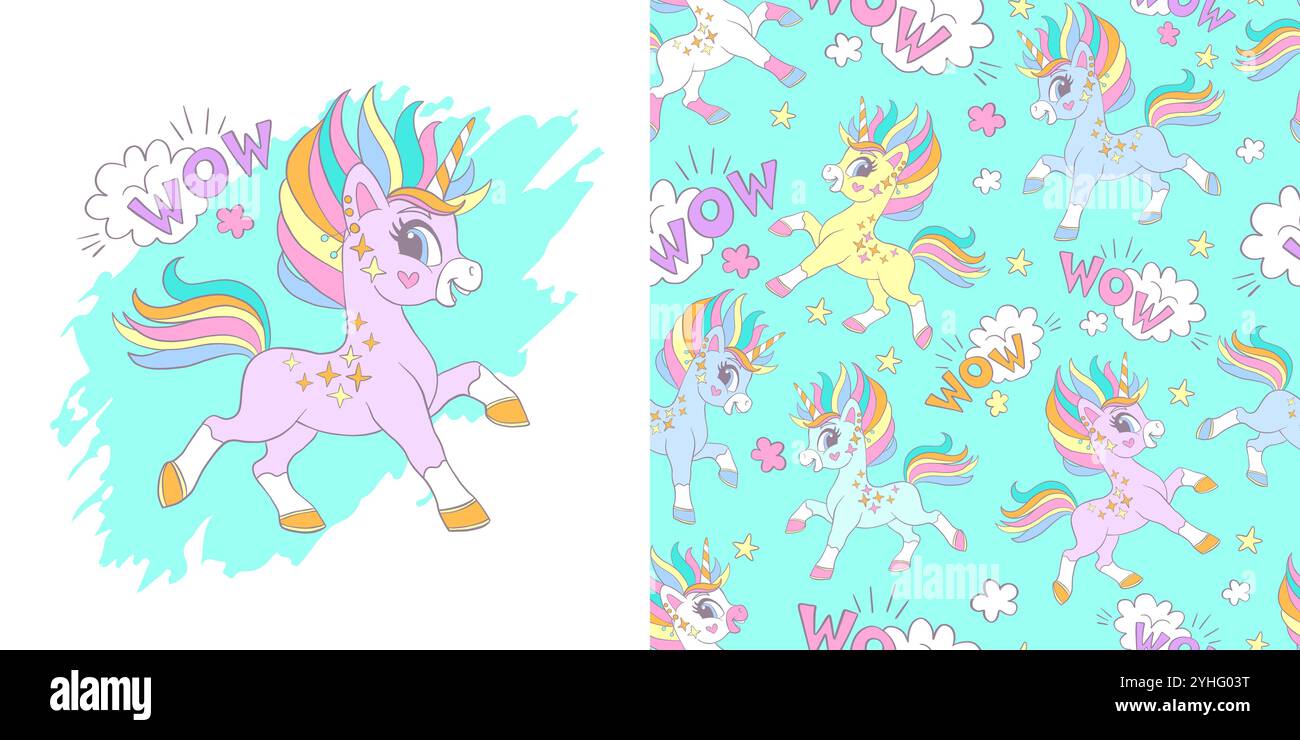 Cute cool unicorn illustration and seamless pattern vector set Stock ...