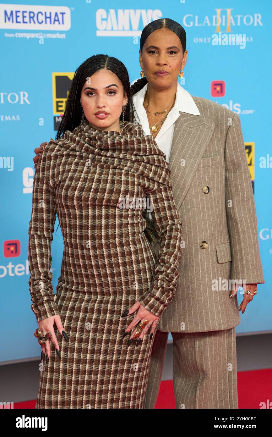 Mabel, from left, and Neneh Cherry pose for photographers upon arrival at the MTV European Music ...