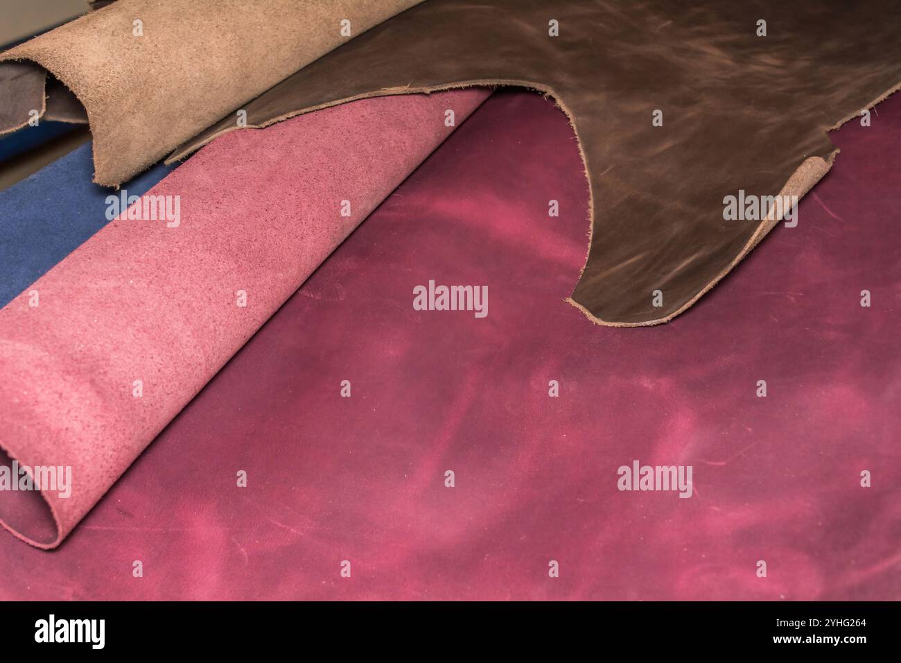 Pieces of natural calf leather with real texture. Leather craftsman's ...