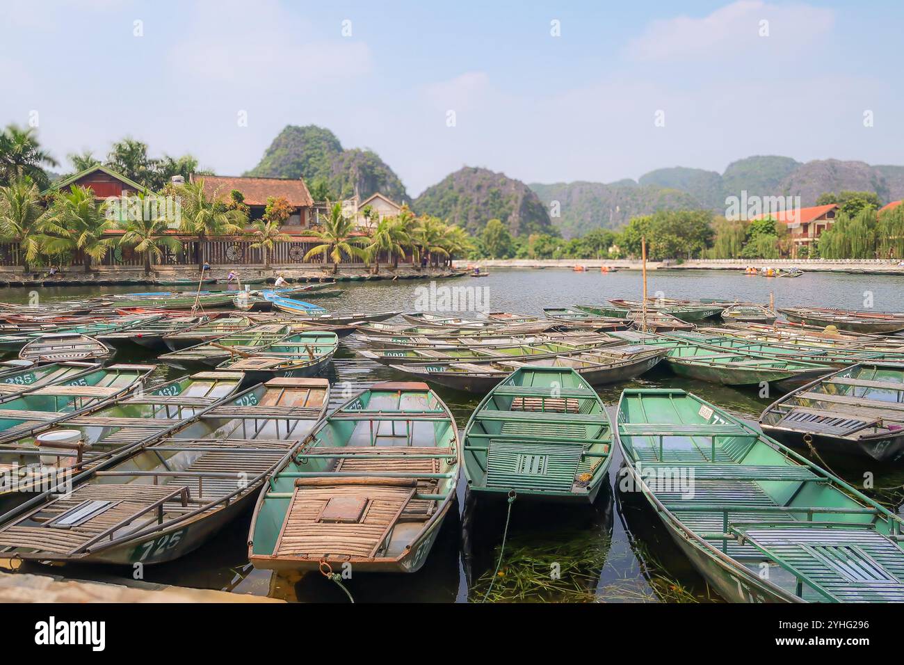 Traditional green boats at a Vietnamese dock, ready for tourists ...