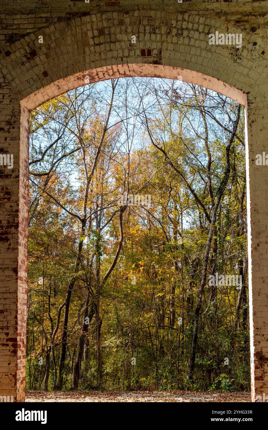 Fall forest seen through arched brick window frame of abandoned factory ...