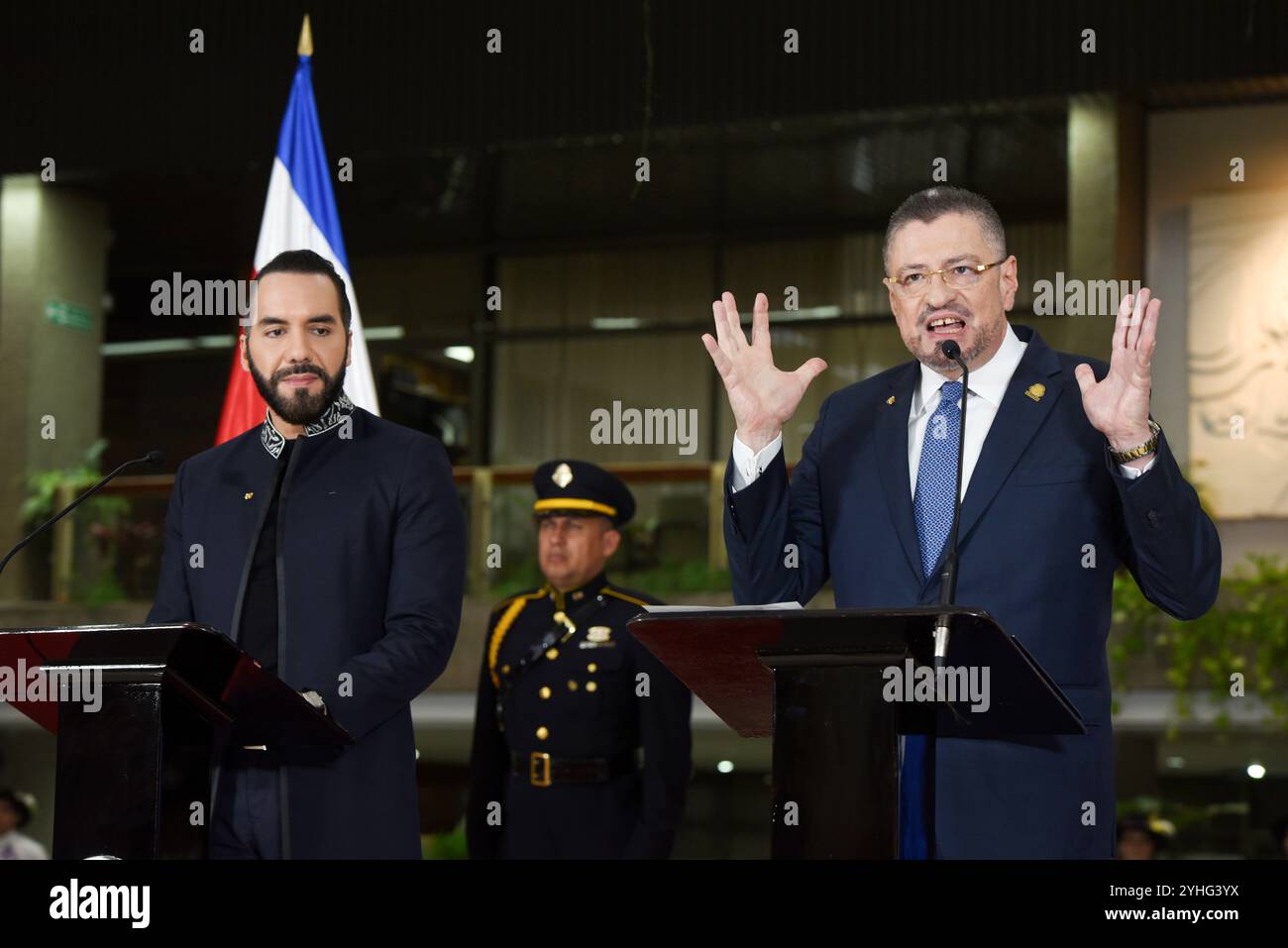 Costa Rica's President Rodrigo Chaves, right, speaks during honoring ...
