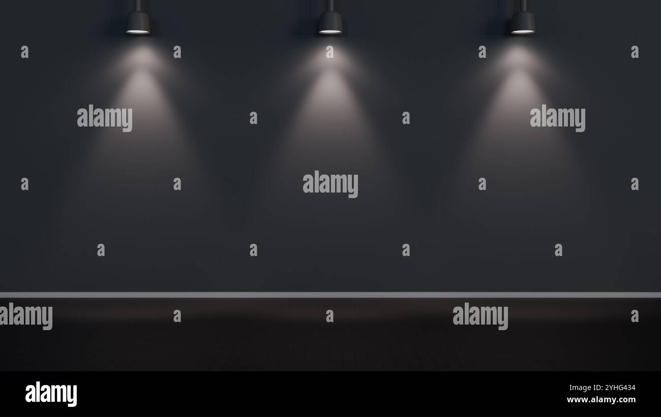 Three spotlights illuminating a black wall in a minimalist studio ...