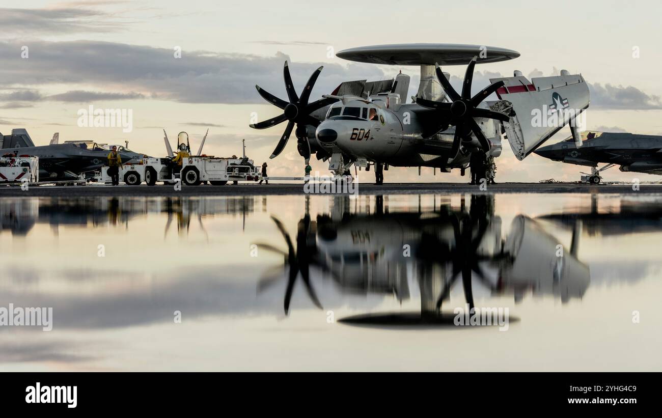 Sailors move an E-2D Hawkeye, attached to the Tigertails of Airborne ...
