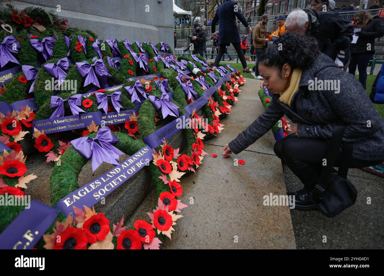 Vancouver, Canada. 11th Nov, 2024. A woman places a poppy on the ...