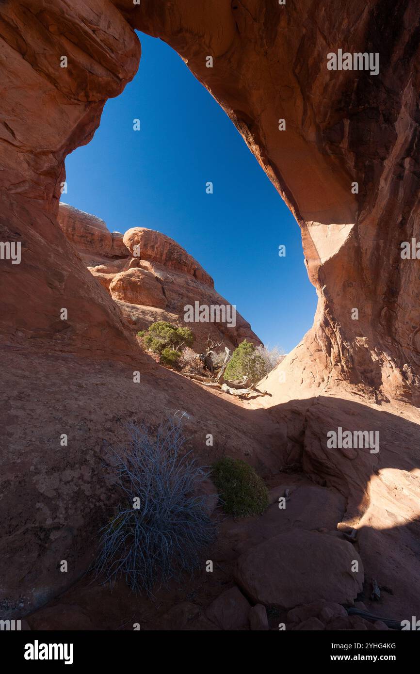 Dry desert vegetation tucked below Partition Arch, Arches National Park ...
