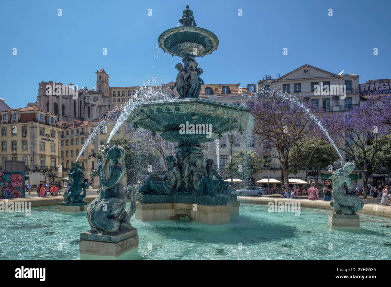 South fountain of Rossio. Fonte Sul do Rossio in Rossío Square or Dom ...