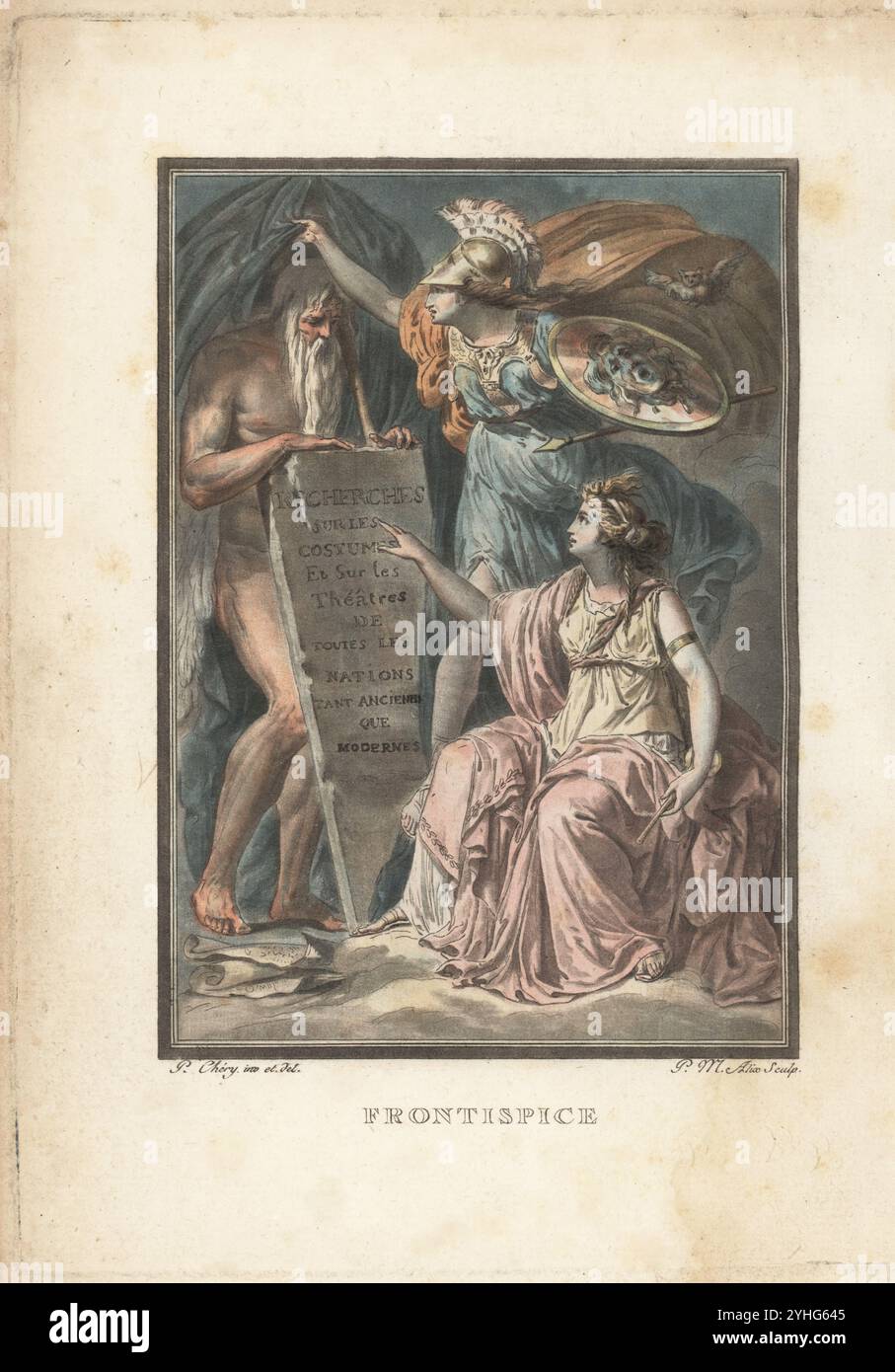 Allegorical frontispiece with figures of Clio, Athena and Cronos. Muse ...