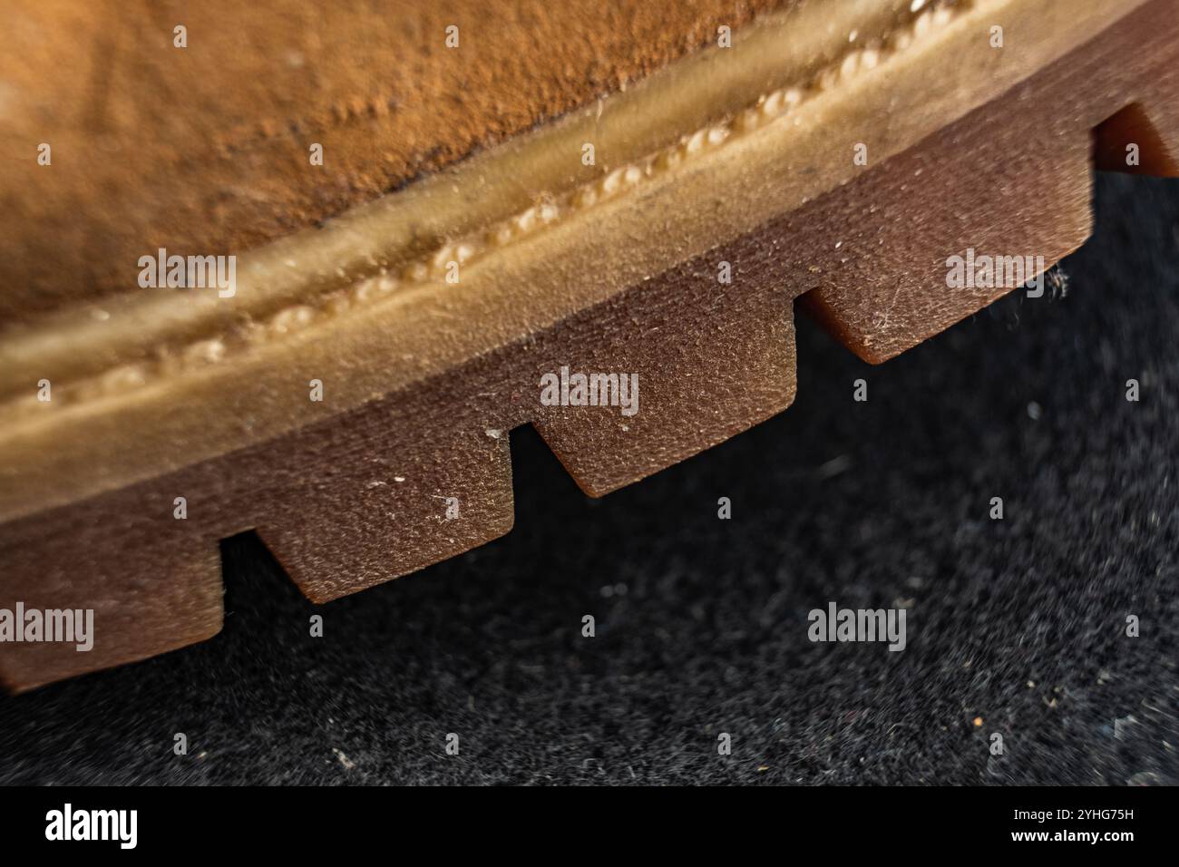 Close-up detail of shoe sole revealing texture and tread against a dark ...