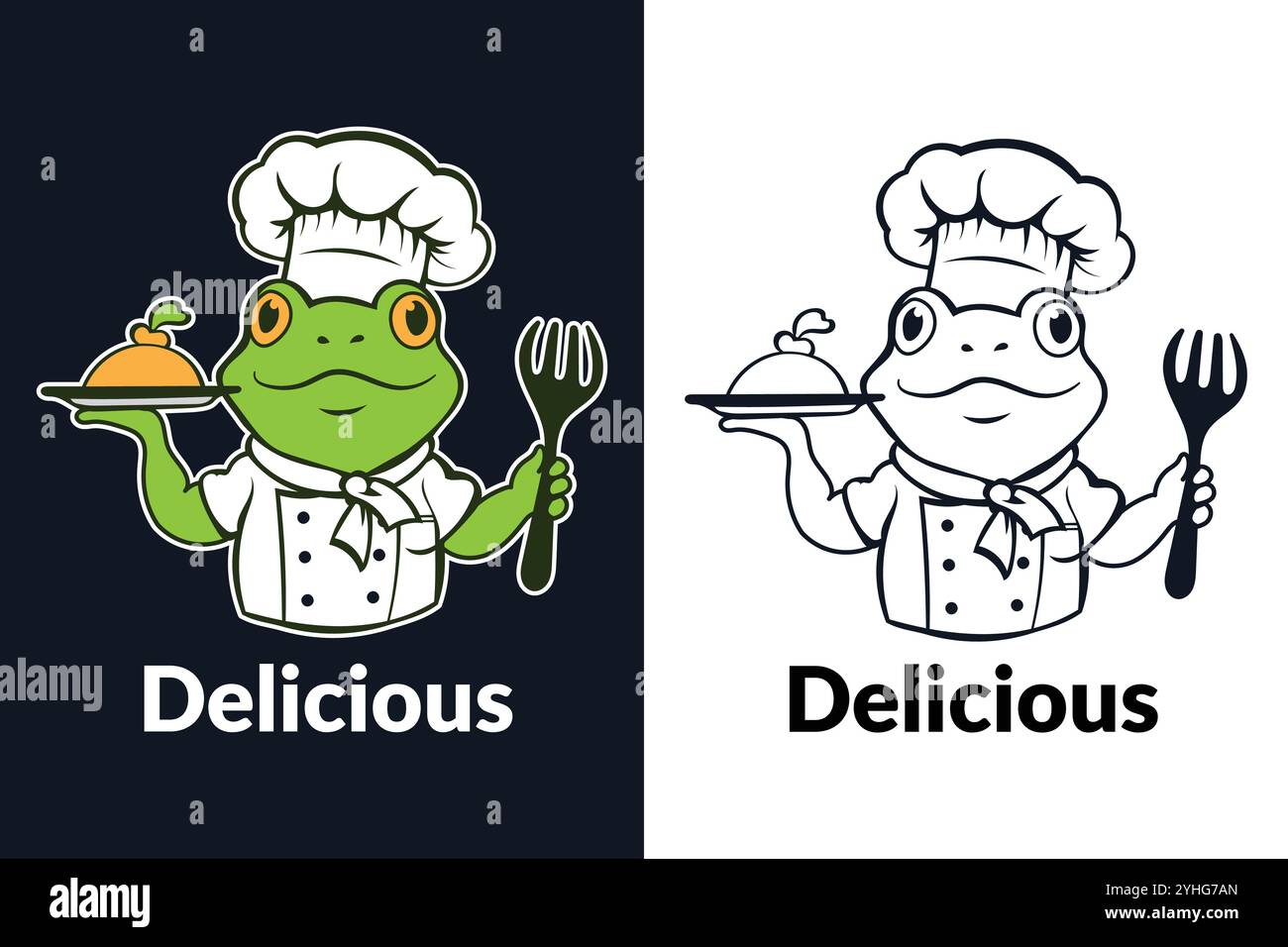 A cartoon illustration of a green frog wearing a chef's hat, holding a ...