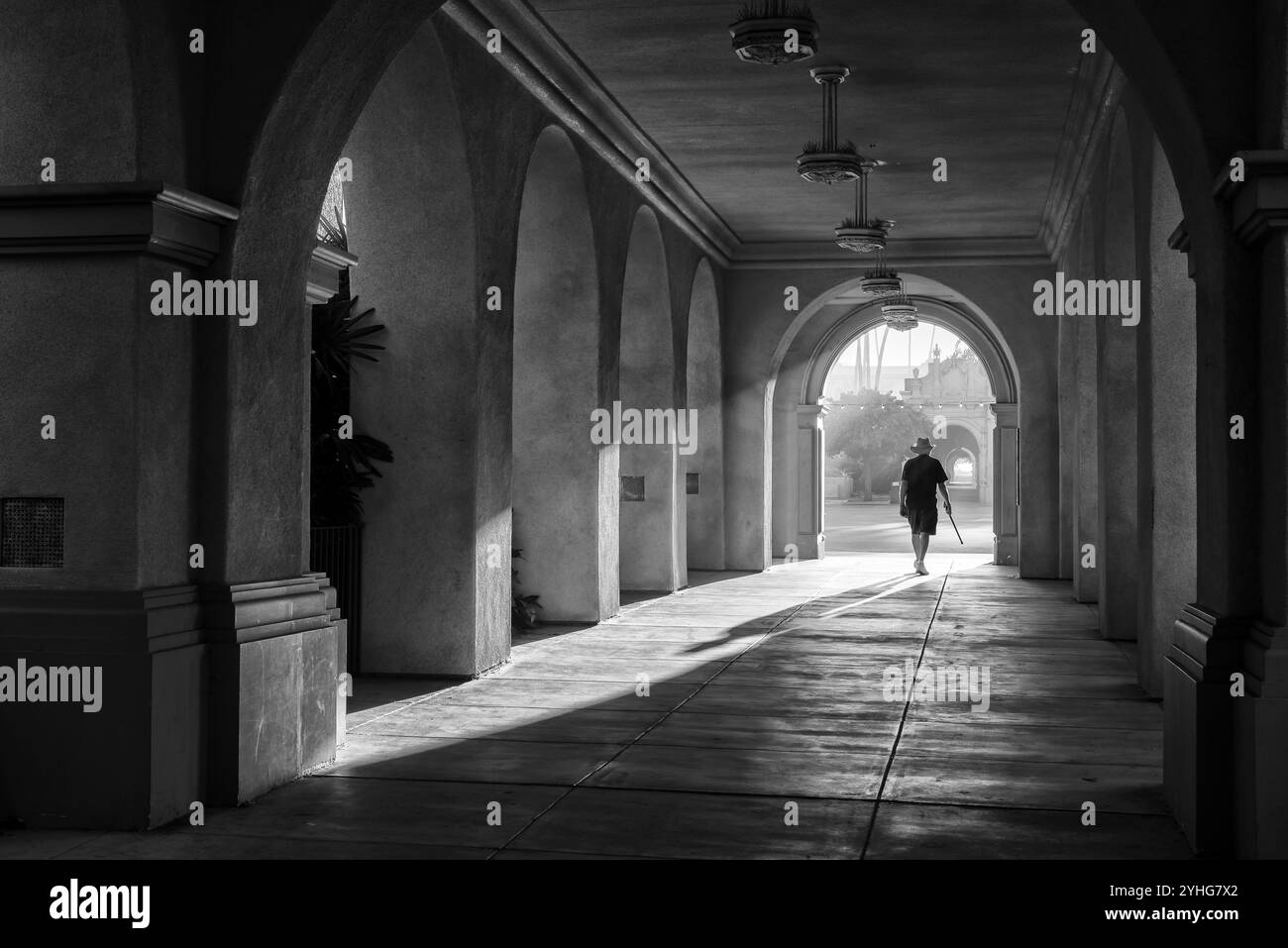 The rising Sun illuminating a walkway at Balboa Park. San Diego, CA ...