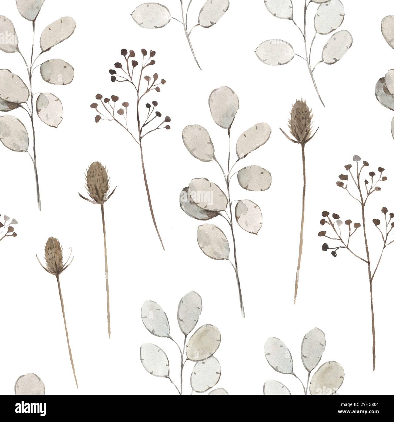Seamless pattern with dry plants. Watercolor realistic hand-drawn print ...