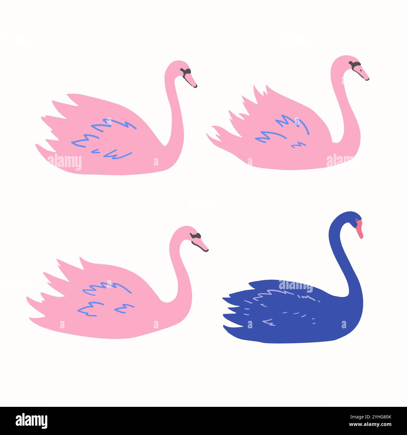 Set of pink and purple swans in minimalistic style. Vector illustration ...