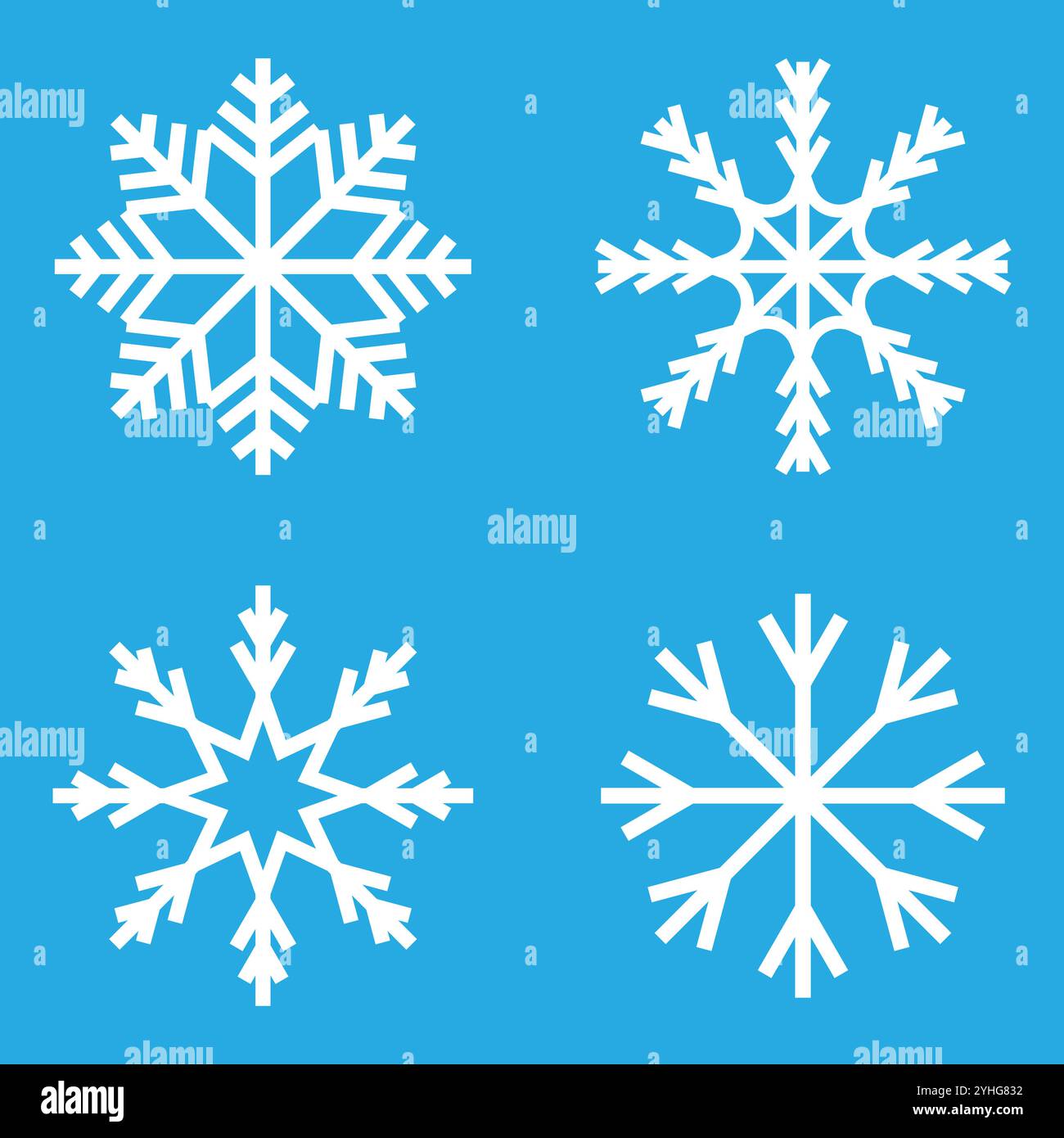 Snowflake set icon. White frosty symbols. Blue background vector ...