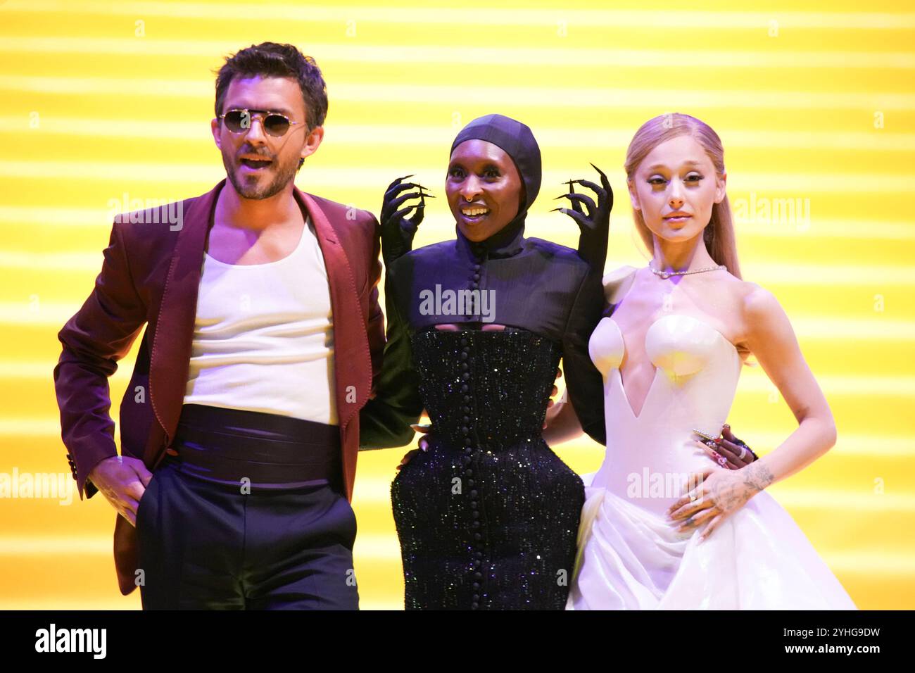 Jonathan Bailey, Cynthia Erivo, center, and Ariana Grande pose for photographers during a photo ...