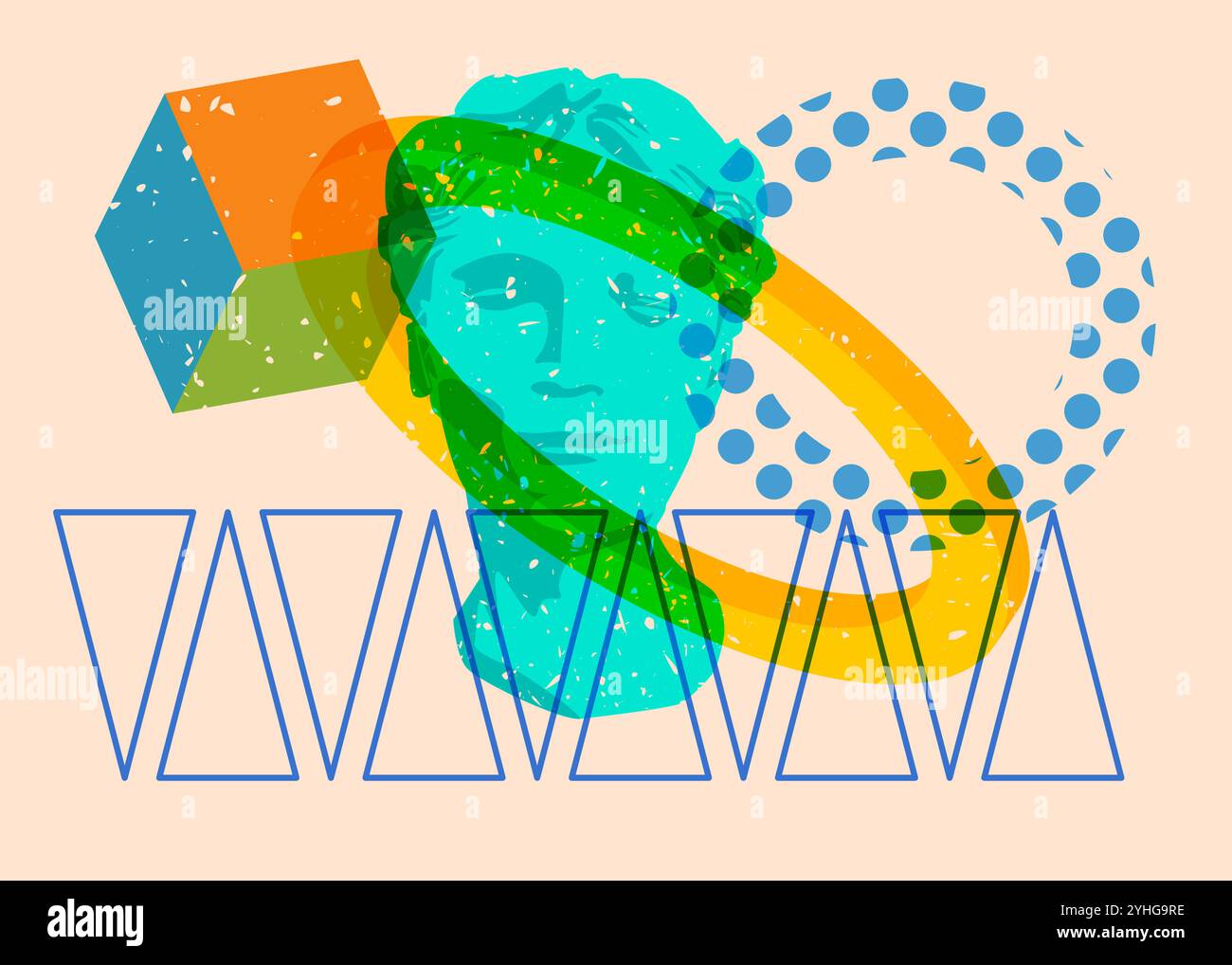 Risograph Head Sculpture with geometric shapes. Objects in trendy riso graph print texture style ...