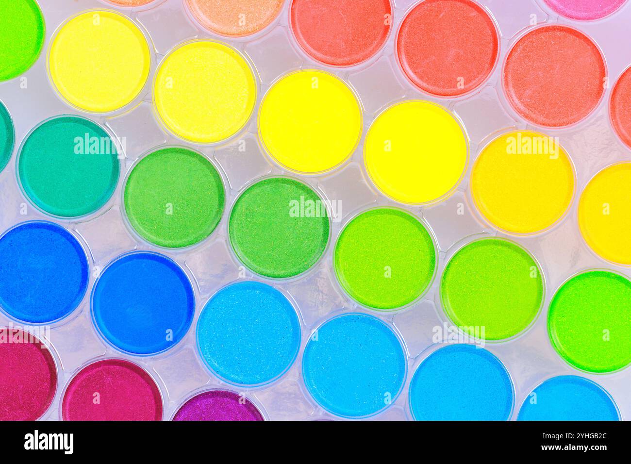 Colorful paint palette of watercolors, arranged in rainbow of colors ...