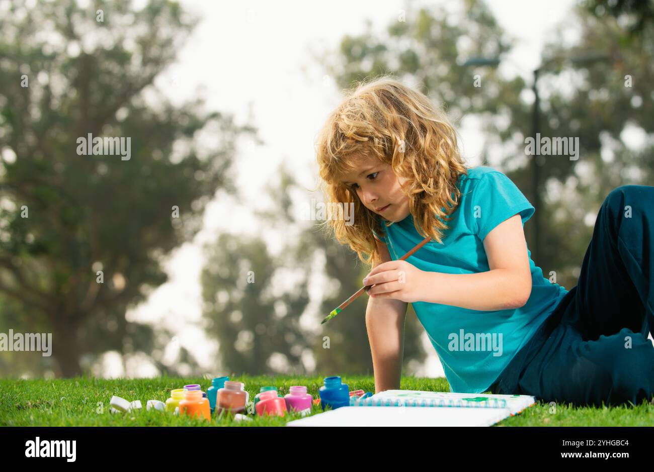 Children creative, developing imagination, creativity. Child boy ...