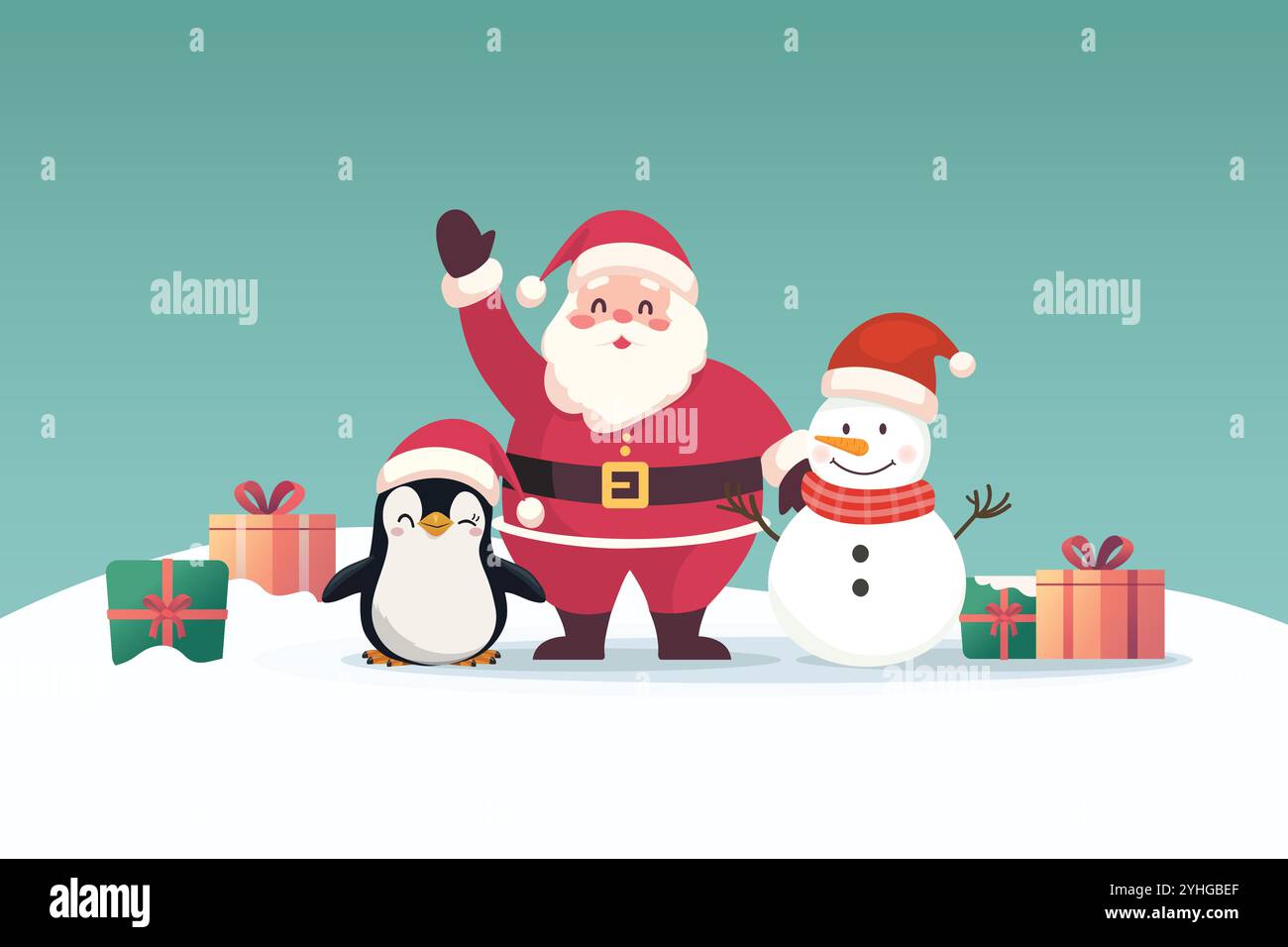 Santa claus with snowman and penguin in snow field with christmas trees ...