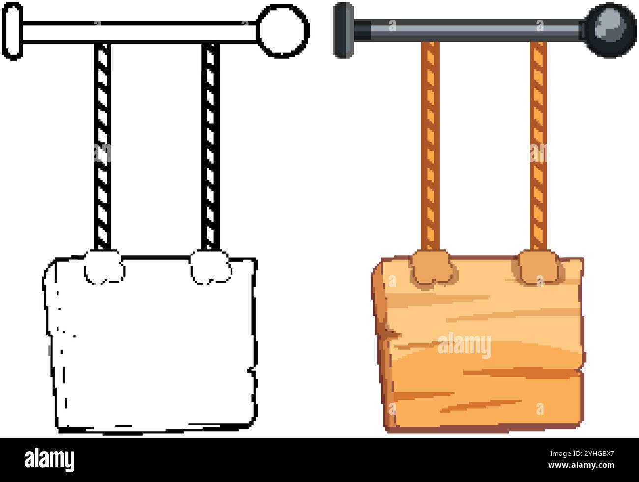 Wooden sign hanging from ropes, color and outline versions Stock Vector ...