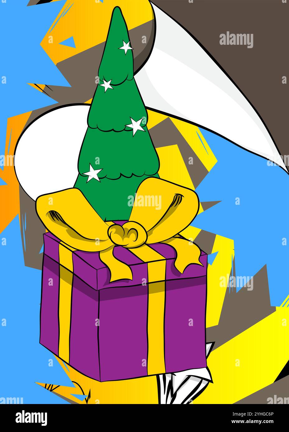Cartoon Gift Box and Christmas decorated pine tree, comic book holiday ...